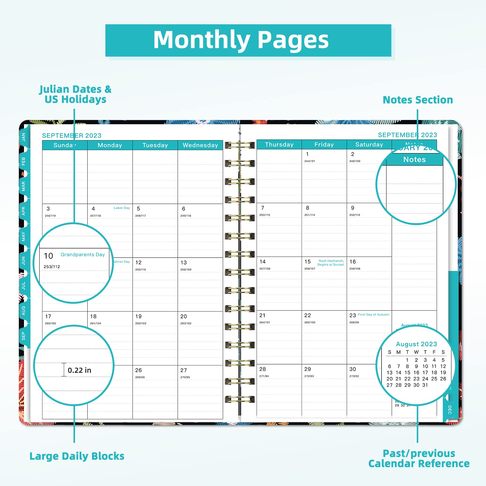 Ymumuda 2023 Planner, Weekly Monthly Planner 2023, 12-Month School Planner from JUL.2023 to JUN.2024, 8.4" X 6", Spiral Planner Notebook with Stickers, Elastic Closure, Inner Pocket, Coated Tabs, Floral