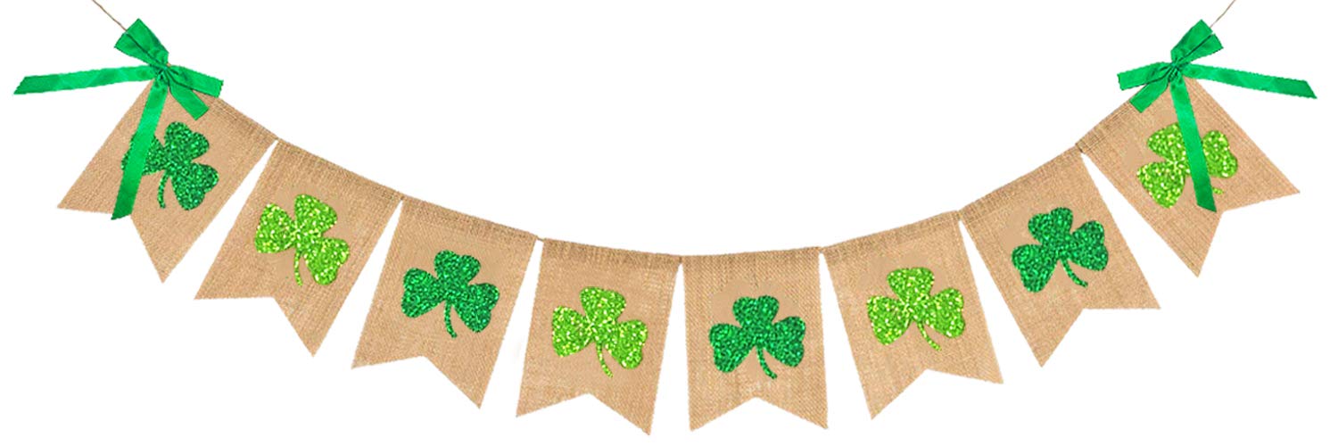 St Patrick's Day Decorations Glitter Shamrock Burlap Banner,for Mantel Fireplace Spring Holiday Wall Decorations Home Indoor Outdoor Party Green Decor,Irish Lucky Day Home Outdoor Hanging Decor