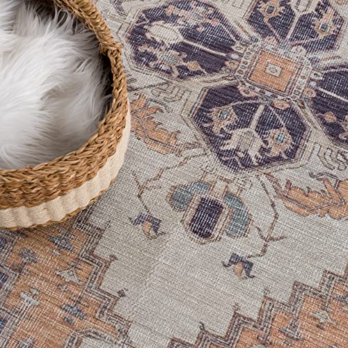Bloom Rugs Washable 3x5 Rug - Orange/Blue/Beige Traditional, Distressed Area Rug for Living Room, Bedroom, Dining Room and Kitchen - Exact Size: 3' x 5'