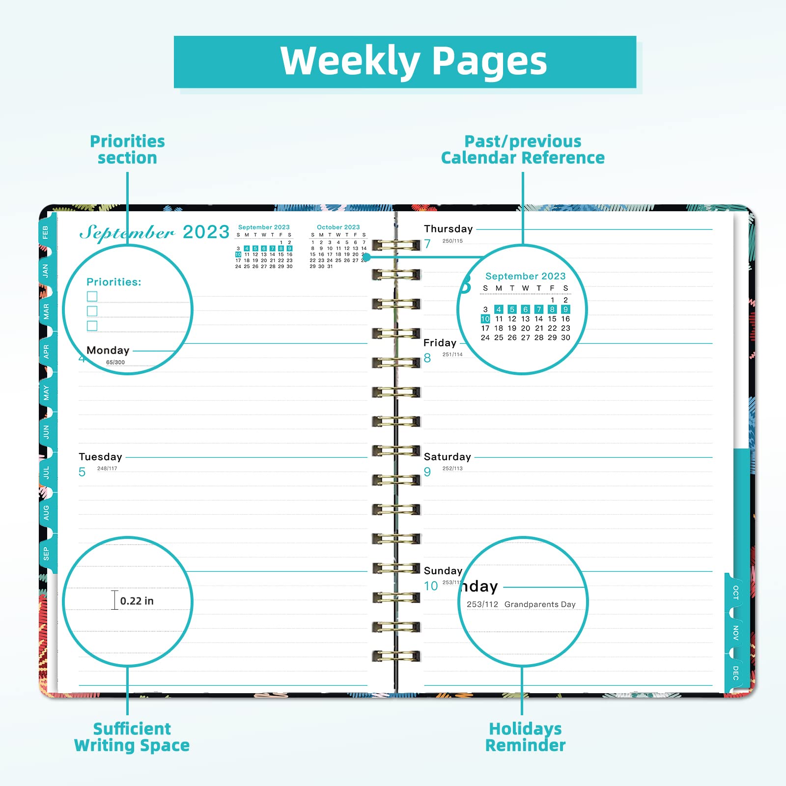 Ymumuda 2023 Planner, Weekly Monthly Planner 2023, 12-Month School Planner from JUL.2023 to JUN.2024, 8.4" X 6", Spiral Planner Notebook with Stickers, Elastic Closure, Inner Pocket, Coated Tabs, Floral