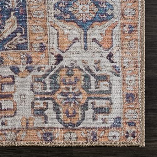 Bloom Rugs Washable 3x5 Rug - Orange/Blue/Beige Traditional, Distressed Area Rug for Living Room, Bedroom, Dining Room and Kitchen - Exact Size: 3' x 5'