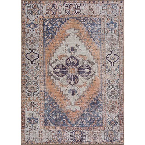Bloom Rugs Washable 3x5 Rug - Orange/Blue/Beige Traditional, Distressed Area Rug for Living Room, Bedroom, Dining Room and Kitchen - Exact Size: 3' x 5'