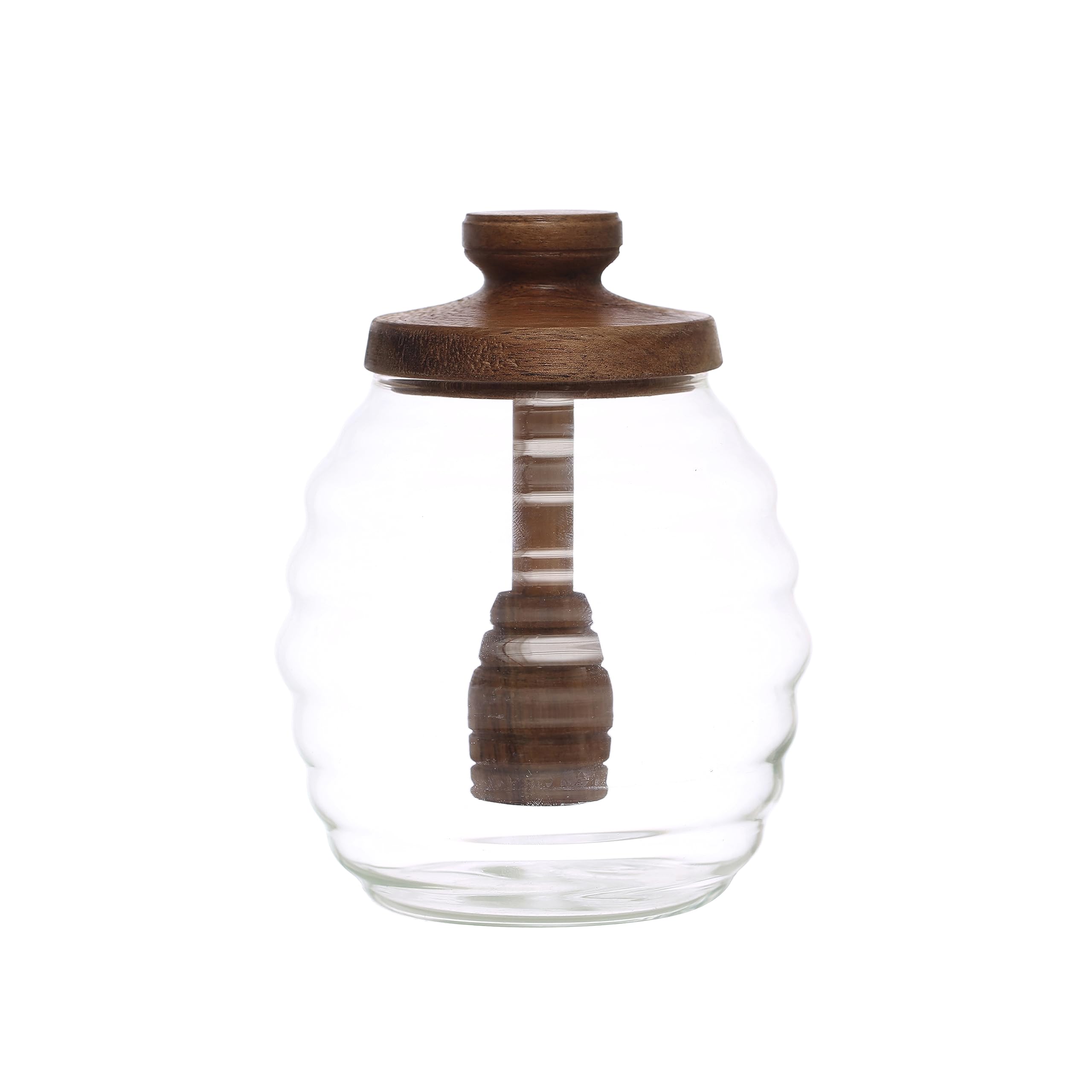 Bloomingville 4 Inches Round 14-Ounce Glass Acacia Wood Lid and Attached Dipper for Kitchen, Natural Honey Jar, Clear