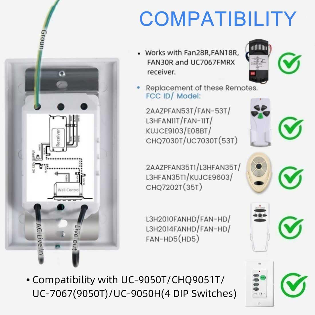 Ceiling Fan Remote Control Kit, Universal Wall Mount Fan Switch Replacement for Hampton Bay Harbor Breeze Hunter, UC9050T Wired Transmitter & R28 Receiver Kit, Fan 3 Speed Adjustable and Light Dimmer