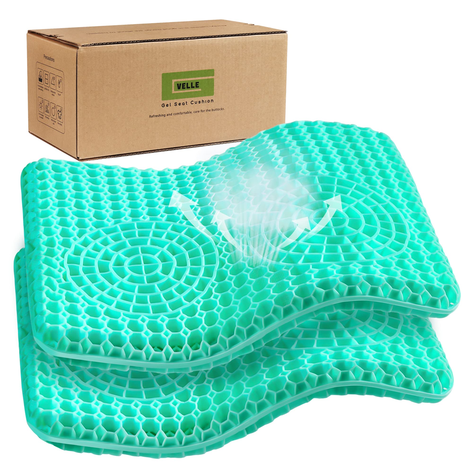 VELLE 2 Pack Gel Seat Cushion, Double Thick Honeycomb Seat Cushion for Long Sitting, Relief Sciatica Pain Cushion with Non-Slip Cover
