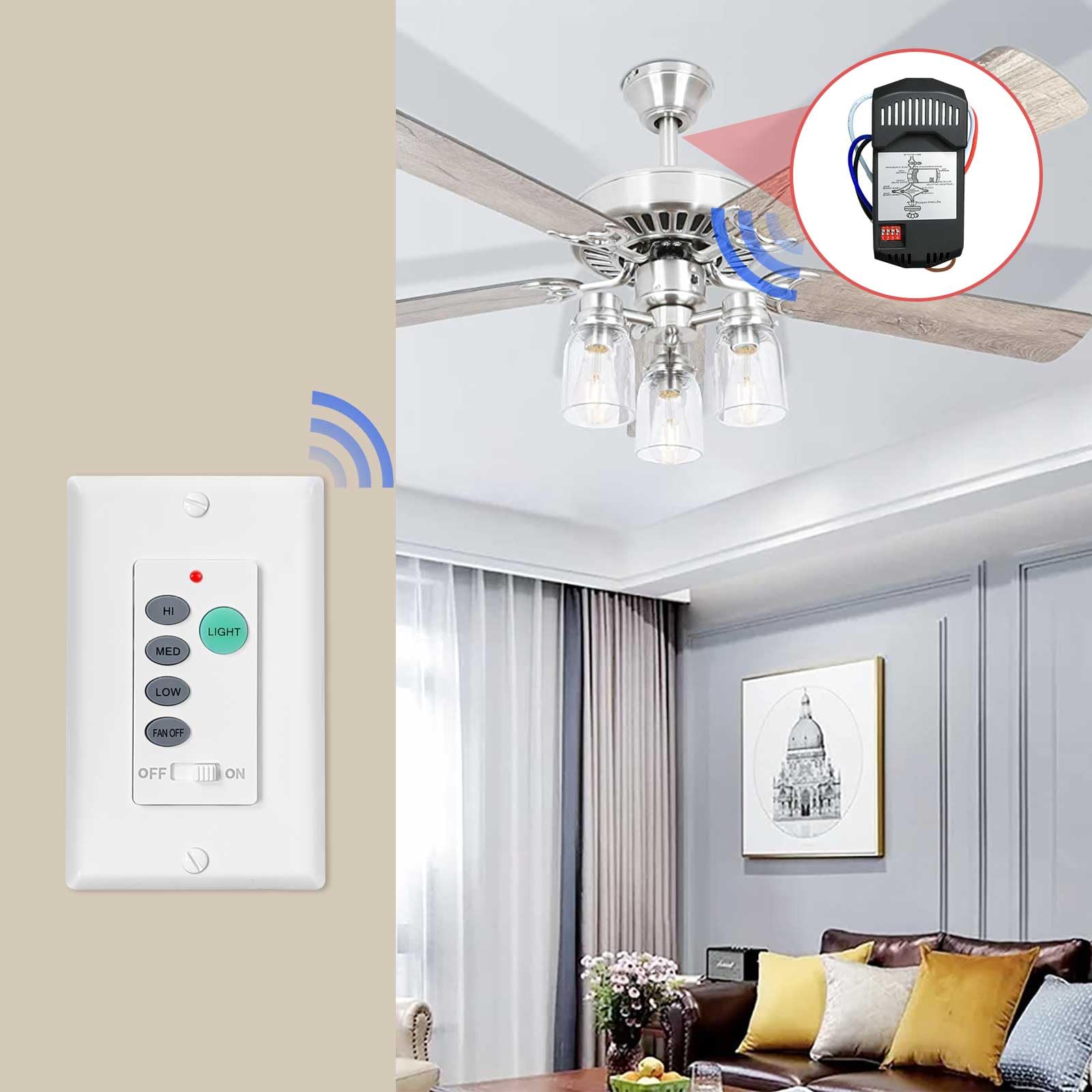 Ceiling Fan Remote Control Kit, Universal Wall Mount Fan Switch Replacement for Hampton Bay Harbor Breeze Hunter, UC9050T Wired Transmitter & R28 Receiver Kit, Fan 3 Speed Adjustable and Light Dimmer