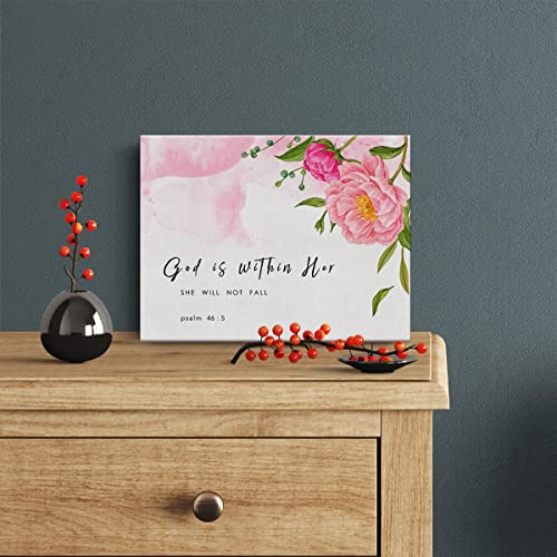 Bible Verse Canvas Print Decor God is Within Psalm 46:5 Wall Painting Flowers Posters Artwork Home Office Living Room Decoration 12βX15β (Framed)