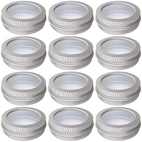 1 Ounce Aluminum Tin Jar 30 ml Refillable Containers Clear Top Screw Lid Round Tin Container Bottle for Cosmetic,Lip Balm, Cream, 12 Pcs.