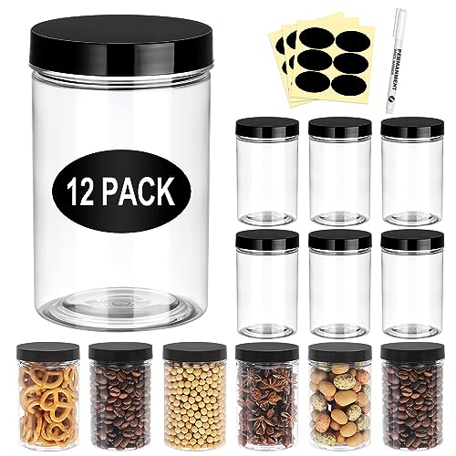 Eupako 12 Pack Plastic Jars with Lids 8 OZ - Empty Clear Cosmetics Containers with Pen and Labels, Round Small Plastic Jars with Screw On Lids for Slime, Makeup, Butter, Cream, Lotion, Pot, Dry Food