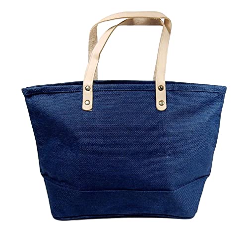 Jute Tote Bag With Leather Handles - Burlap Tote Bags With Zipper, Burlap Purse, Shopping tote Bag for women, Handbag (Navy Blue)