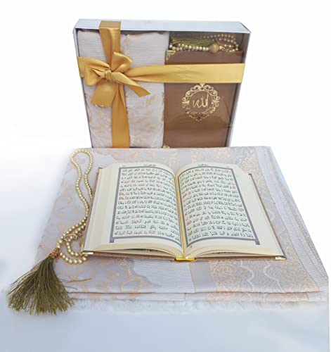 Full Quran Prayer Rug Gift Set, Arabic Velvet Covered Quran (Size: 6.70 x 4.70 İnc / 17 x 12 cm) and Beads I Perfect Islamic Gift for Men&Women | Prayer Mat| Holy Quran (Gold), S1