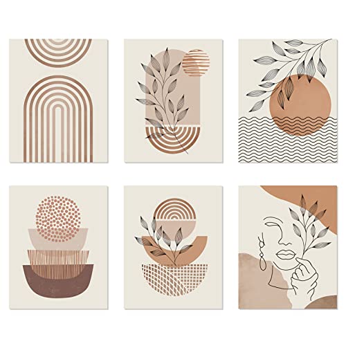 LIYAOLI Boho Neutral Wall Art Prints Line Art Posters for Room Aesthetic Unframed 11 x 14 Inch Set of 6 Minimalist Abstract Mid Century Modern Leaf Wall Decor for Bedroom Living room Office Decor