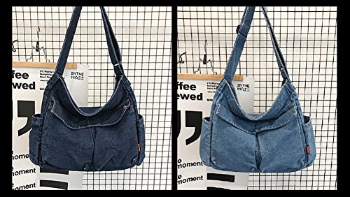 Single Color Denim Canvas Handbag Cross Body Shoulder Purse Bag Tote-Handbag with Pockets Daily Use Large Capacity for Women