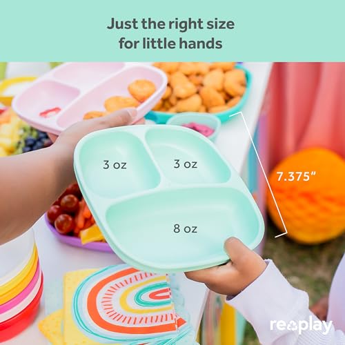 Re-Play Made in USA Deep Walled 3 Compartment Plates, Pack of 4 - Reusable Divided Plates for Kids, Dishwasher and Microwave Safe - Durable Toddler Plates 7.37" x 7.37" x 1.25", Teal