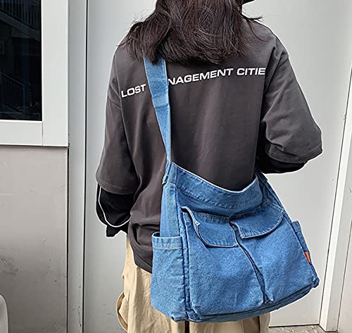 Single Color Denim Canvas Handbag Cross Body Shoulder Purse Bag Tote-Handbag with Pockets Daily Use Large Capacity for Women