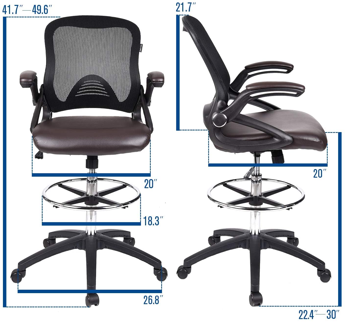 ARTETHYS Drafting Chair with Flip-up Armrests, Tall Office Chair Adjustable Height, Standing Desk Chair rotatable pu Leather seat(Black)