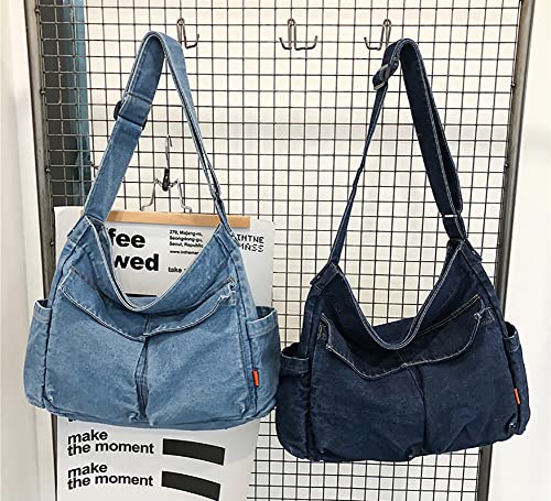 Single Color Denim Canvas Handbag Cross Body Shoulder Purse Bag Tote-Handbag with Pockets Daily Use Large Capacity for Women