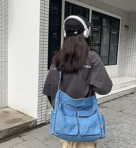 Single Color Denim Canvas Handbag Cross Body Shoulder Purse Bag Tote-Handbag with Pockets Daily Use Large Capacity for Women