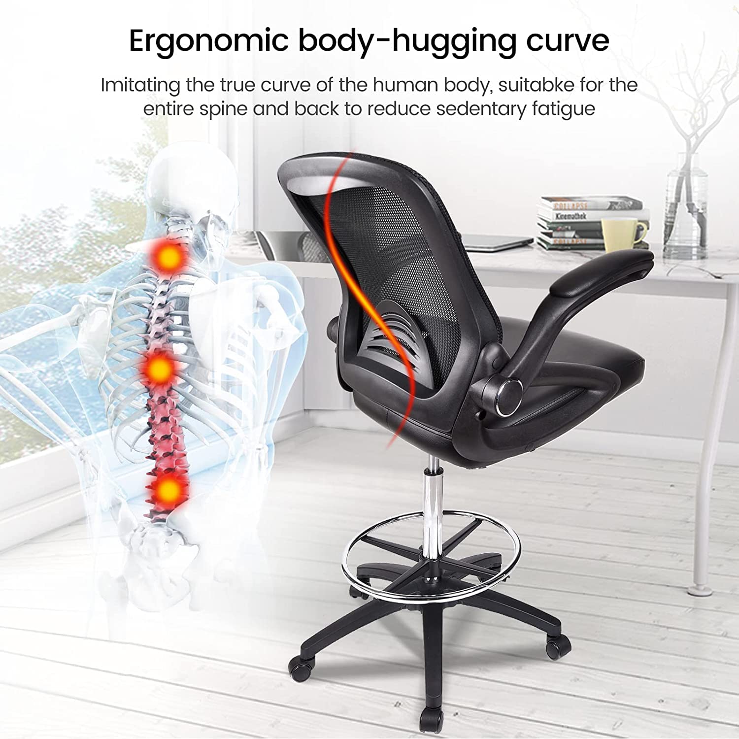 ARTETHYS Drafting Chair with Flip-up Armrests, Tall Office Chair Adjustable Height, Standing Desk Chair rotatable pu Leather seat(Black)