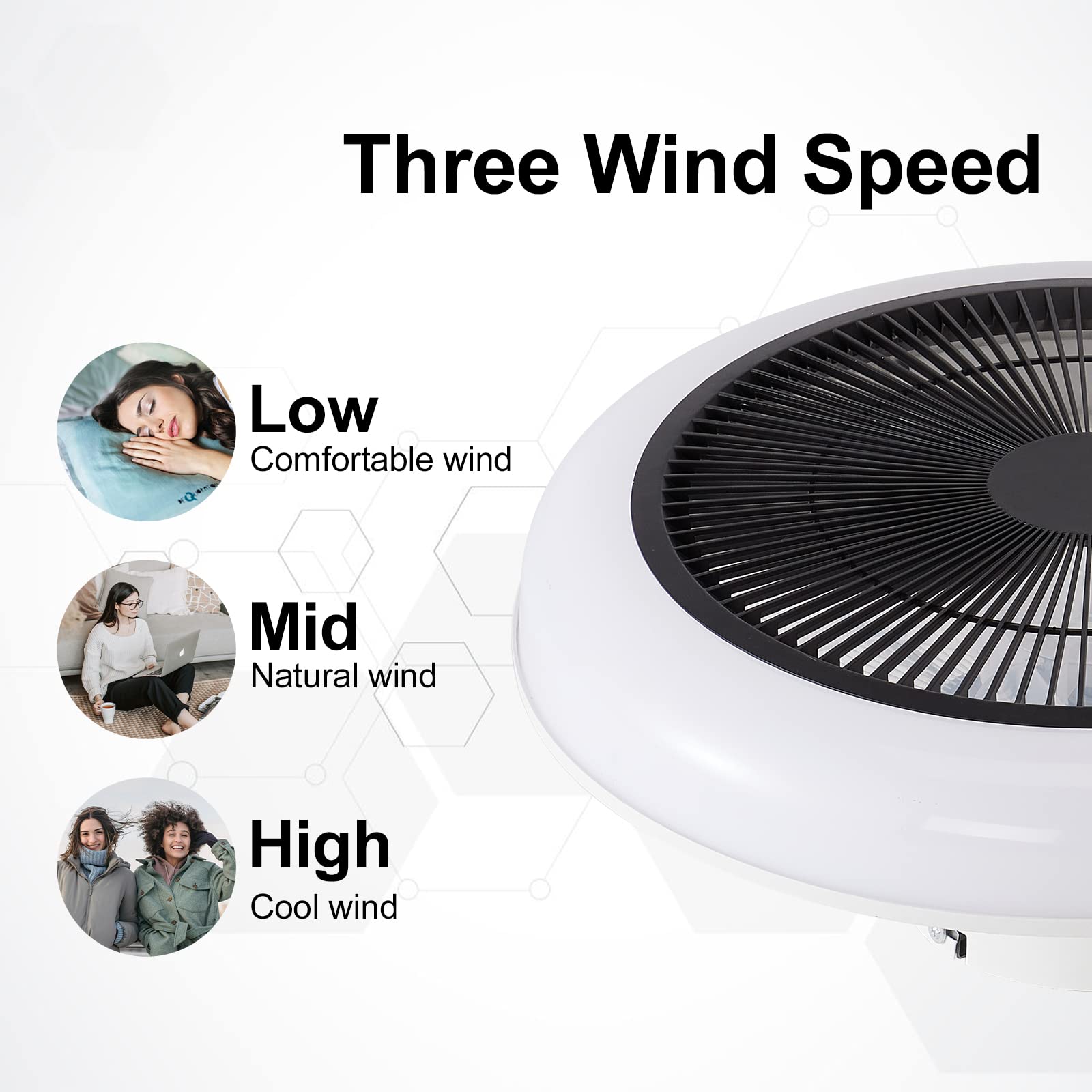 HJGBRC Modern Ceiling Fan with Lights, 18'' Low Profile, 3-Speed, Reversible, Quiet, Remote Control, 3 Color, Enclosed, Indoor, LED, Black, HJGBRC-FSDH-001