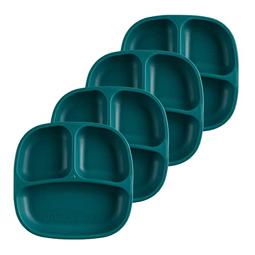 Re-Play Made in USA Deep Walled 3 Compartment Plates, Pack of 4 - Reusable Divided Plates for Kids, Dishwasher and Microwave Safe - Durable Toddler Plates 7.37" x 7.37" x 1.25", Teal