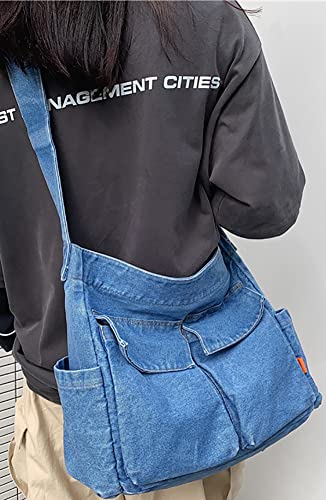 Single Color Denim Canvas Handbag Cross Body Shoulder Purse Bag Tote-Handbag with Pockets Daily Use Large Capacity for Women