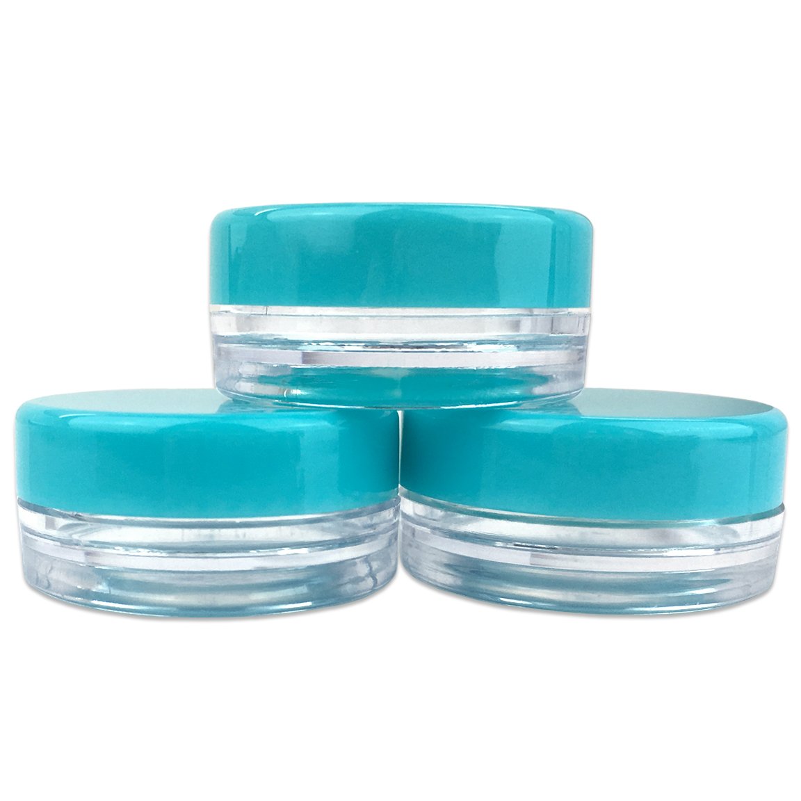 (100 Pieces Jars + Lid) Beauticom 3G/3ML Round Clear Jars with Teal Sky Blue Screw Cap Lids for Scrubs, Oils, Toner, Salves, Creams, Lotions, Makeup Samples, Lip Balms - BPA Free
