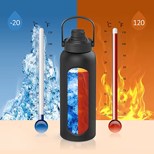 Kodrine Glass Water Bottles with Straw, 32 oz Water Bottle with 2 Lids - Handle Spout Lid & Bamboo Straw Lid, Motivational Water Bottle with Silicone Sleeve, Wide Mouth, Leakproof, BPA Free(Black)