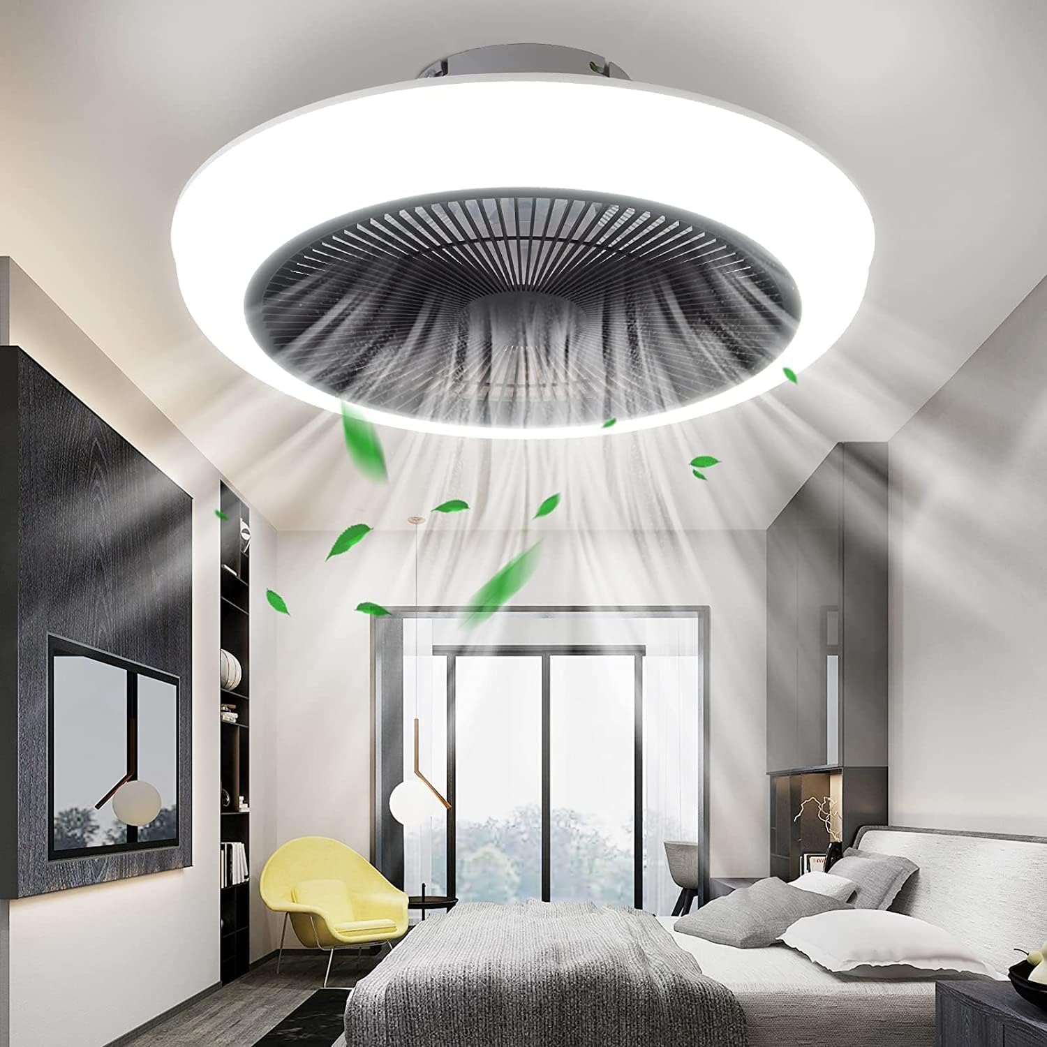 HJGBRC Modern Ceiling Fan with Lights, 18'' Low Profile, 3-Speed, Reversible, Quiet, Remote Control, 3 Color, Enclosed, Indoor, LED, Black, HJGBRC-FSDH-001