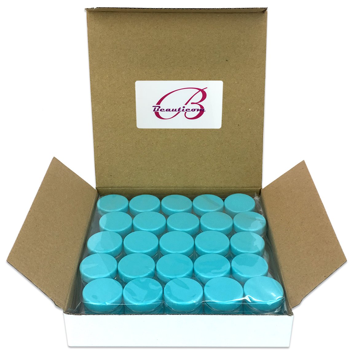 (100 Pieces Jars + Lid) Beauticom 3G/3ML Round Clear Jars with Teal Sky Blue Screw Cap Lids for Scrubs, Oils, Toner, Salves, Creams, Lotions, Makeup Samples, Lip Balms - BPA Free