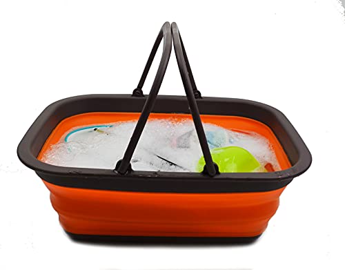 SAMMART 9.2L (2.37Gallon) Collapsible Tub with Handle - Portable Outdoor Picnic Basket/Crater - Foldable Shopping Bag - Space Saving Storage Container (Grey & Orange, 2)