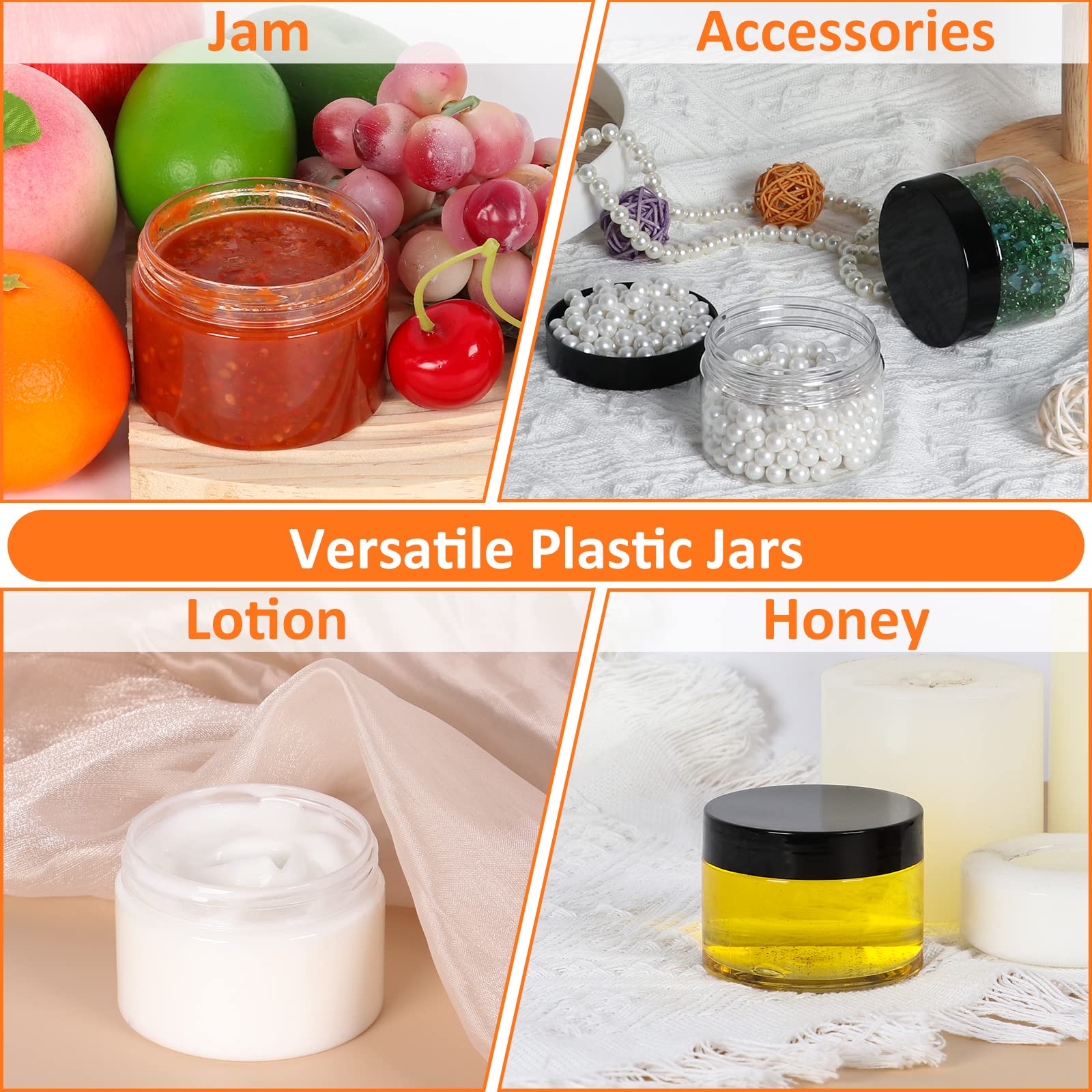 4oz Plastic Containers with Lids 48Pack, Jaisie.W Clear 4 oz Plastic Jars with Lids&Labels- Refillable Cosmetic Small Containers with Black Screw Lid/Slime Containers (4 fl.oz, 48Pack)