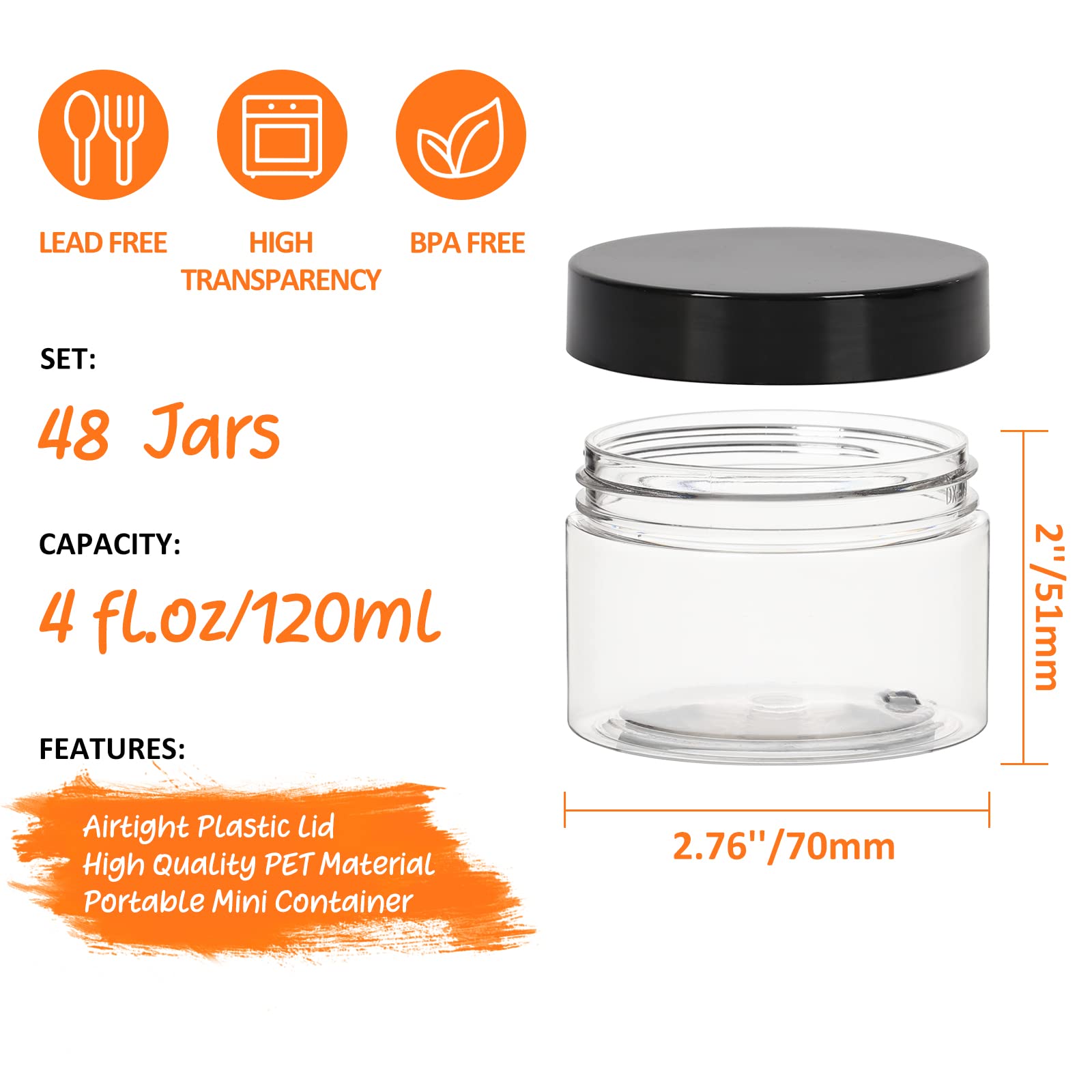 4oz Plastic Containers with Lids 48Pack, Jaisie.W Clear 4 oz Plastic Jars with Lids&Labels- Refillable Cosmetic Small Containers with Black Screw Lid/Slime Containers (4 fl.oz, 48Pack)