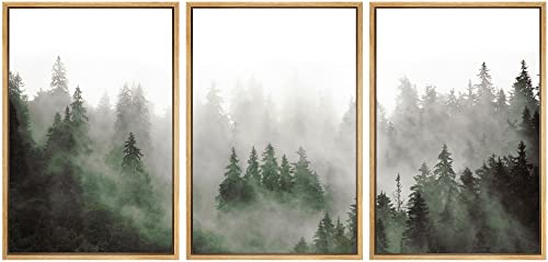 SIGNWIN Framed Canvas Print Wall Art Woodland Nursery Decor Set Fog & Mist Over Green Pine Tree Forest Nature Wilderness Modern Art Chic Landscape for Living Room, Bedroom, Office - 16"x24"x3 Natural