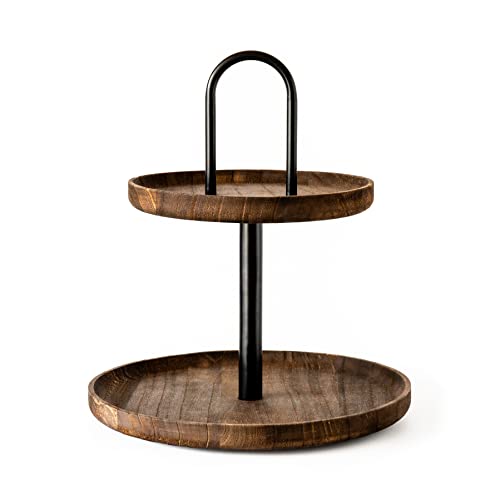 STAKK Two Tiered Tray Stand - Modern Farmhouse Decor, Rustic Home Decor & Kitchen Decor - Black Metal & Brown Wood, 2 Tier Tray