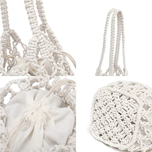 Woven Bucket Handbag for Women, Summer Beach Tote Bag Drawstring Shoulder Bag, Girls Handmade Bucket Bag for Travel Beach (White)