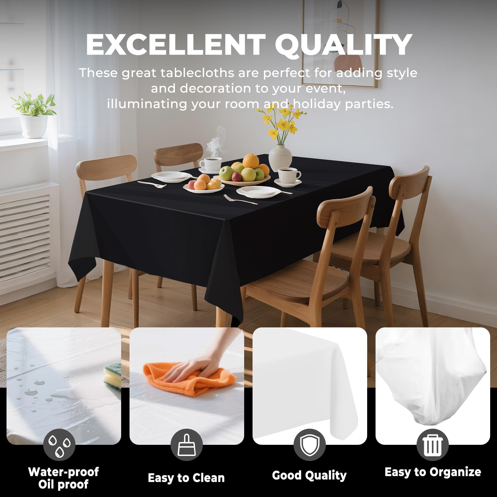 6 Pack Premium Disposable Plastic Tablecloth 54" x 108" Party Table Cloths Disposable for 6 to 8 Foot Tables Indoor or Outdoor Parties Birthdays Weddings Christmas Anniversary Buffet Table (Black)