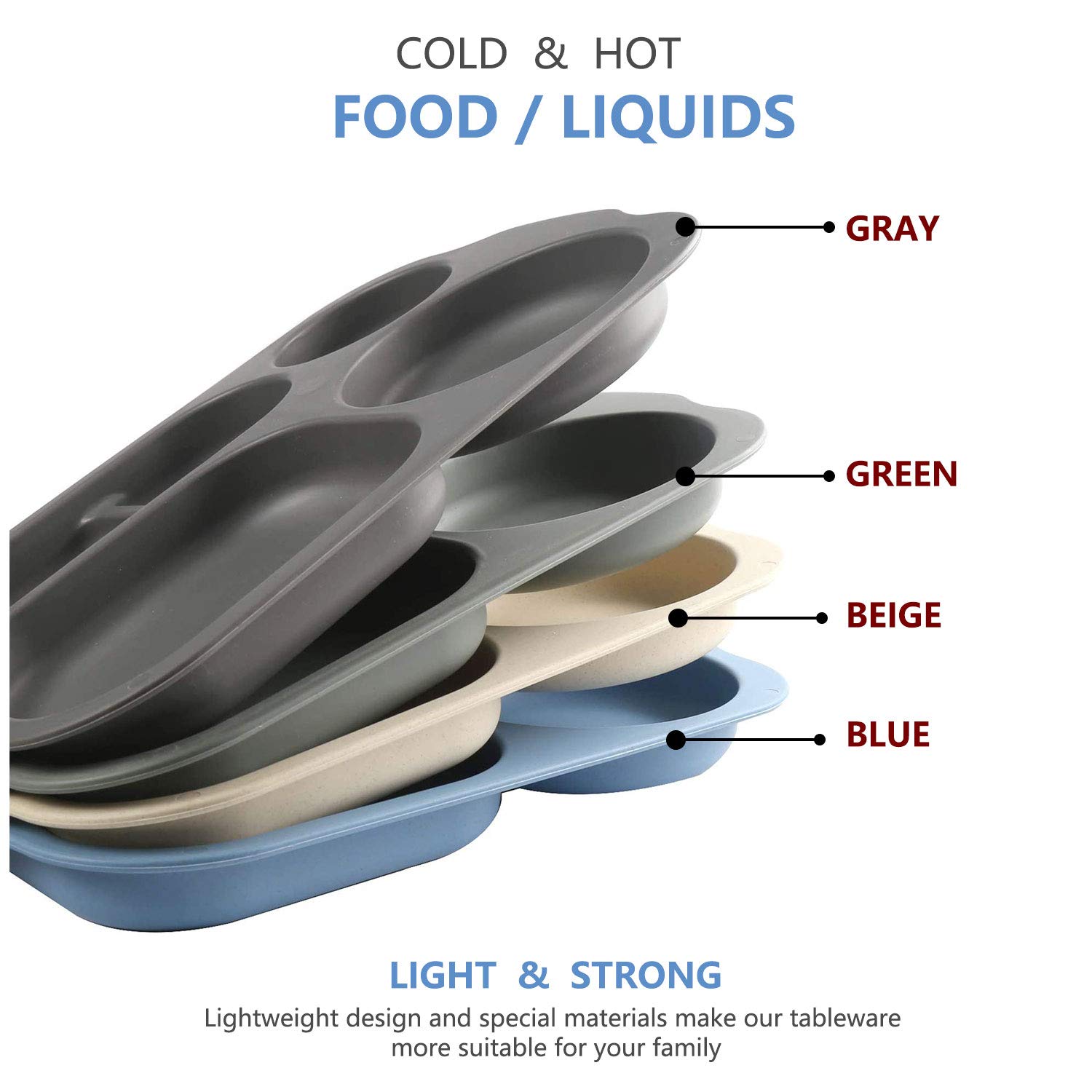 shopwithgreen Divided Plates for Kids Adults, 12 Inch (4PCS) Unbreakable Wheat Straw Section Plates, Large Lightweight Reusable Compartment Lunch Trays, BPA Free Dishwasher & Microwave Safe