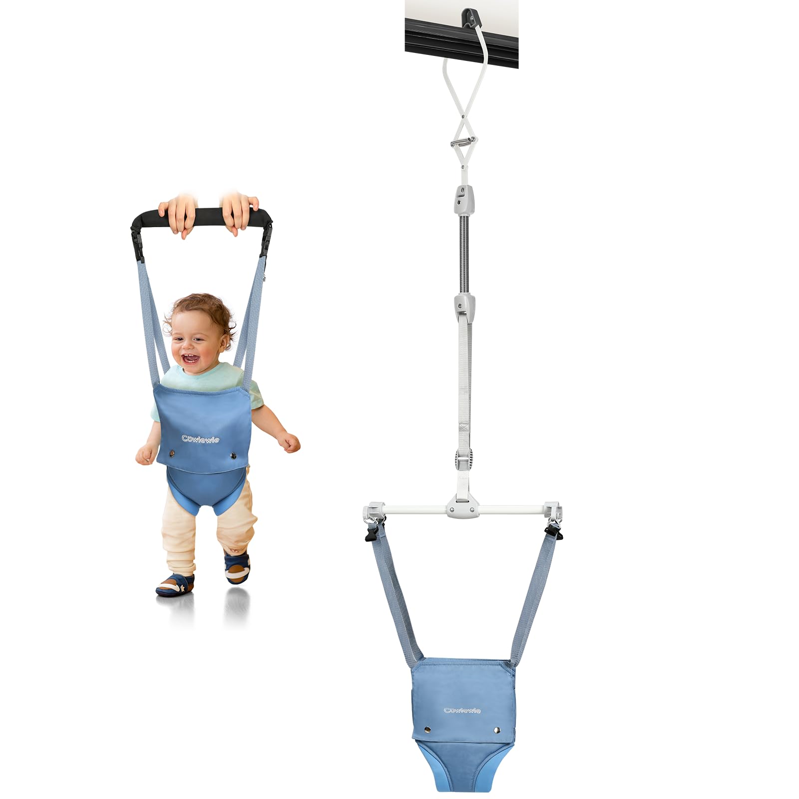 Cowiewie 2 in 1 Baby Door Jumper w/ Baby Walking Harness Function, Baby Jumper with Door Clamp Adjustable Strap and Seat, Fits 80" - 87" high Door Frame
