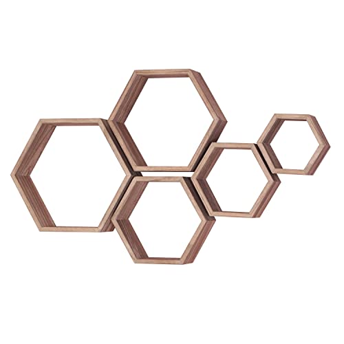 Hexagon Floating Shelves,Wall Mounted Wood Farmhouse Storage Honeycomb Wall Shelf Set of 5,for Bathroom, Kitchen, Bedroom, Living Room,Office,Home Room Wall Decor Driftwood Finish (Carbonized Black)
