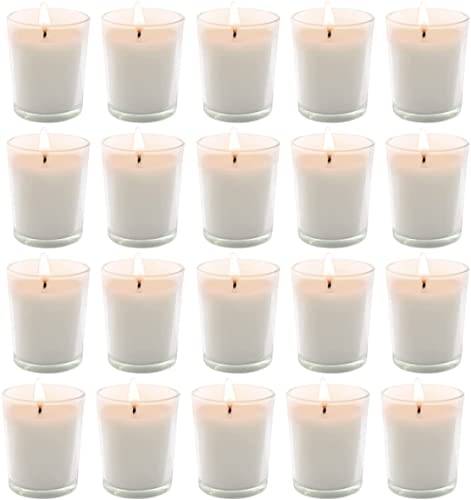JHENG Set of 20 White Unscented Glass Filled Votive Candles, Hand Poured Wax Candle Ideal Gifts for Aromatherapy Spa Weddings Birthdays Holidays Party (0255)