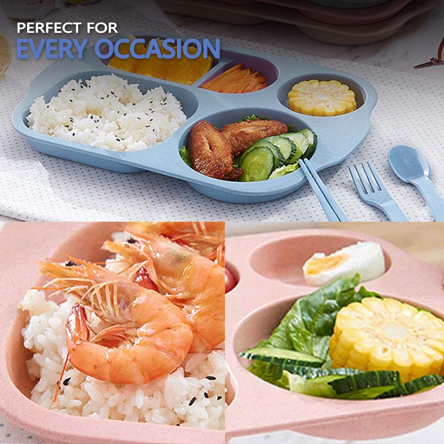 shopwithgreen Divided Plates for Kids Adults, 12 Inch (4PCS) Unbreakable Wheat Straw Section Plates, Large Lightweight Reusable Compartment Lunch Trays, BPA Free Dishwasher & Microwave Safe
