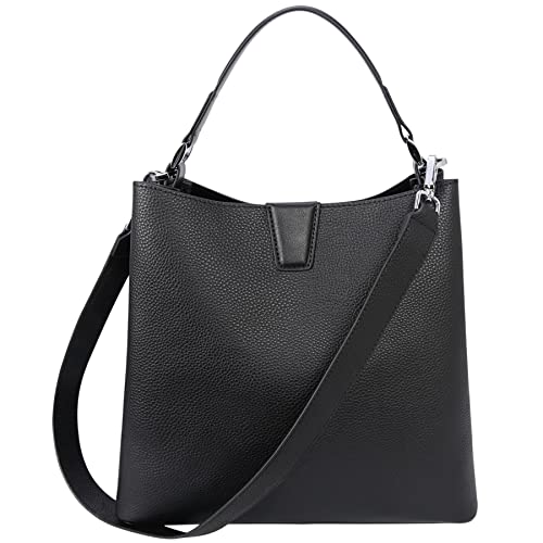HESHE Leather Womens Handbags Tote Top Handle Bucket Bag Shoulder Bags Satchel Ladies Purses Crossbody Bag (Black-Top Grain Leather)