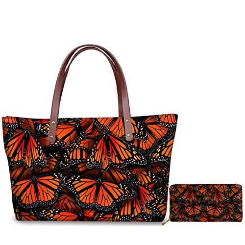 Poceacles 3D Butterfly Print Women Girls Outdoot Casual Handbag Set of 2, Large Capacity Portable Tote Shoulder Bag + PU Long Wallet Money Purse with Zip