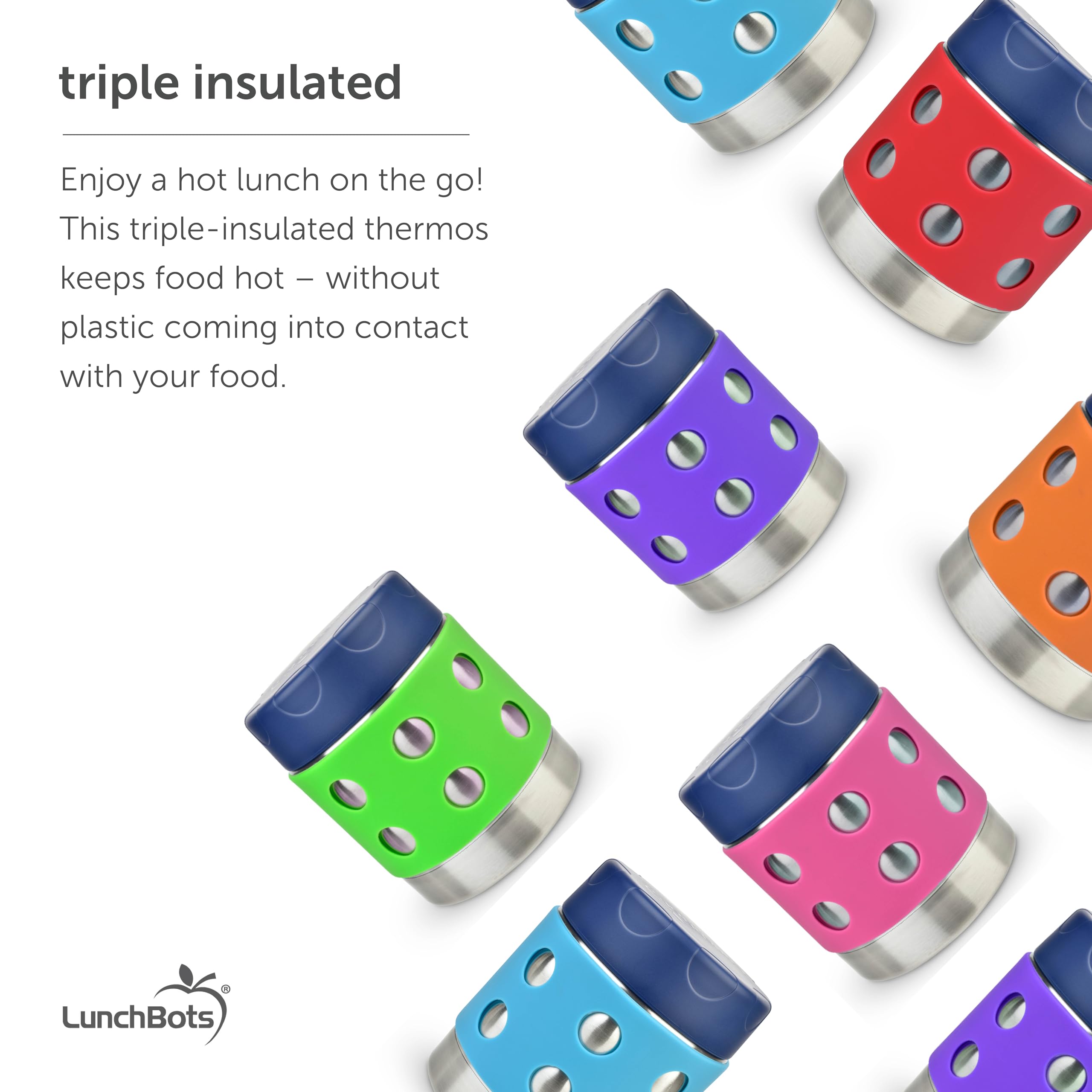 LunchBots Thermal 8 oz Triple Insulated Thermos - Hot 6 Hours or Cold 12 Hours - Leak Proof Thermos Soup Jar - All Stainless Interior - Navy Lid - Aqua Dots