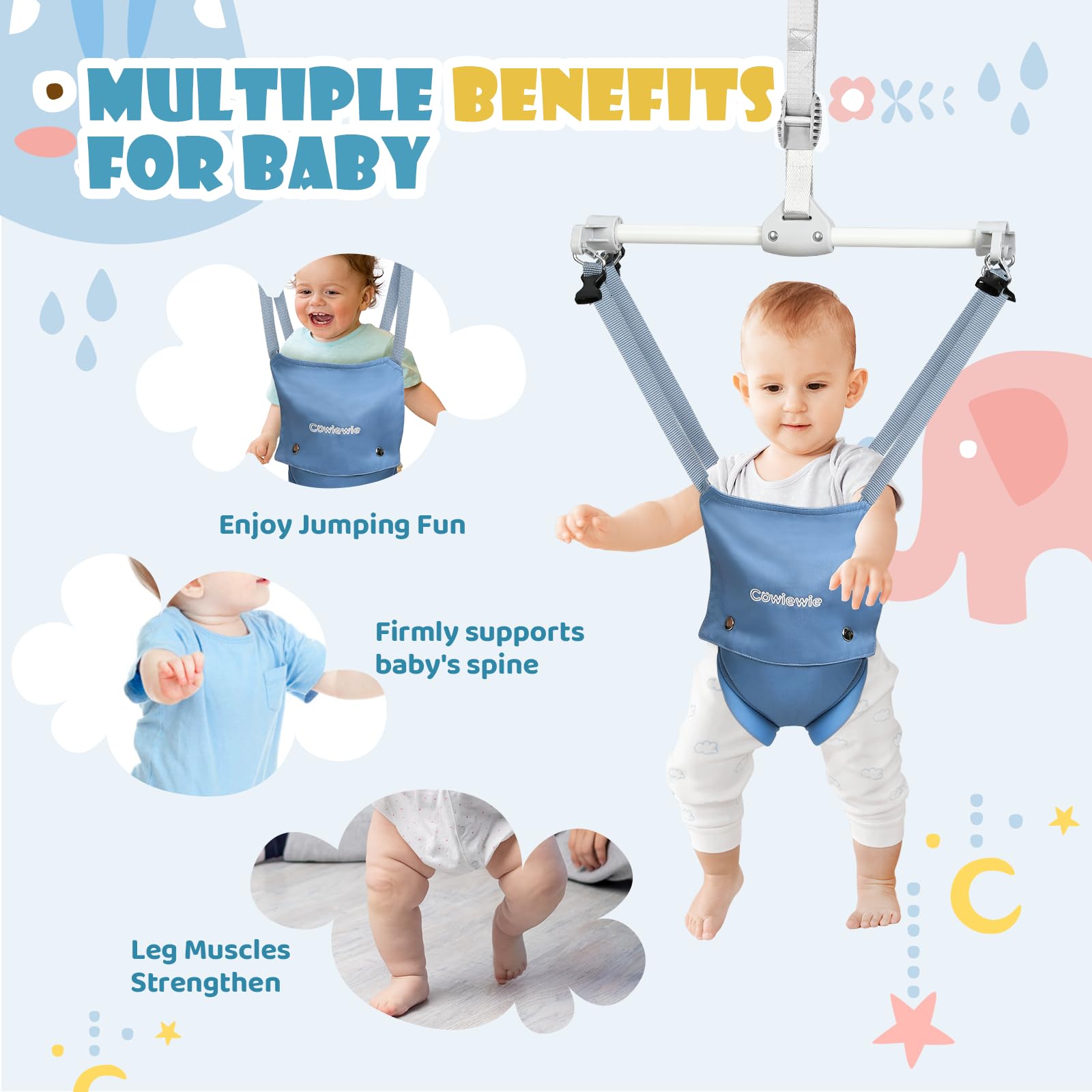 Cowiewie 2 in 1 Baby Door Jumper w/ Baby Walking Harness Function, Baby Jumper with Door Clamp Adjustable Strap and Seat, Fits 80" - 87" high Door Frame
