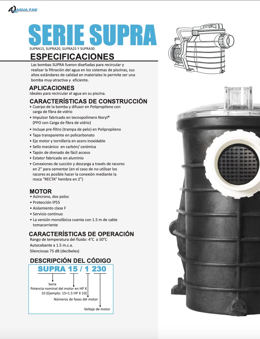 Pump for AquaPak SUPRA Series, SUPRA 25/1230 (2.5 HP) 230 V