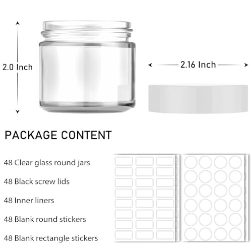 Bumobum 2 oz Glass Jars with Lids, 48 pack Clear Round Small Containers with White Lids, Blank Labels & Inner Liners, Empty Cosmetic Containers for Sample, Powder, Cream