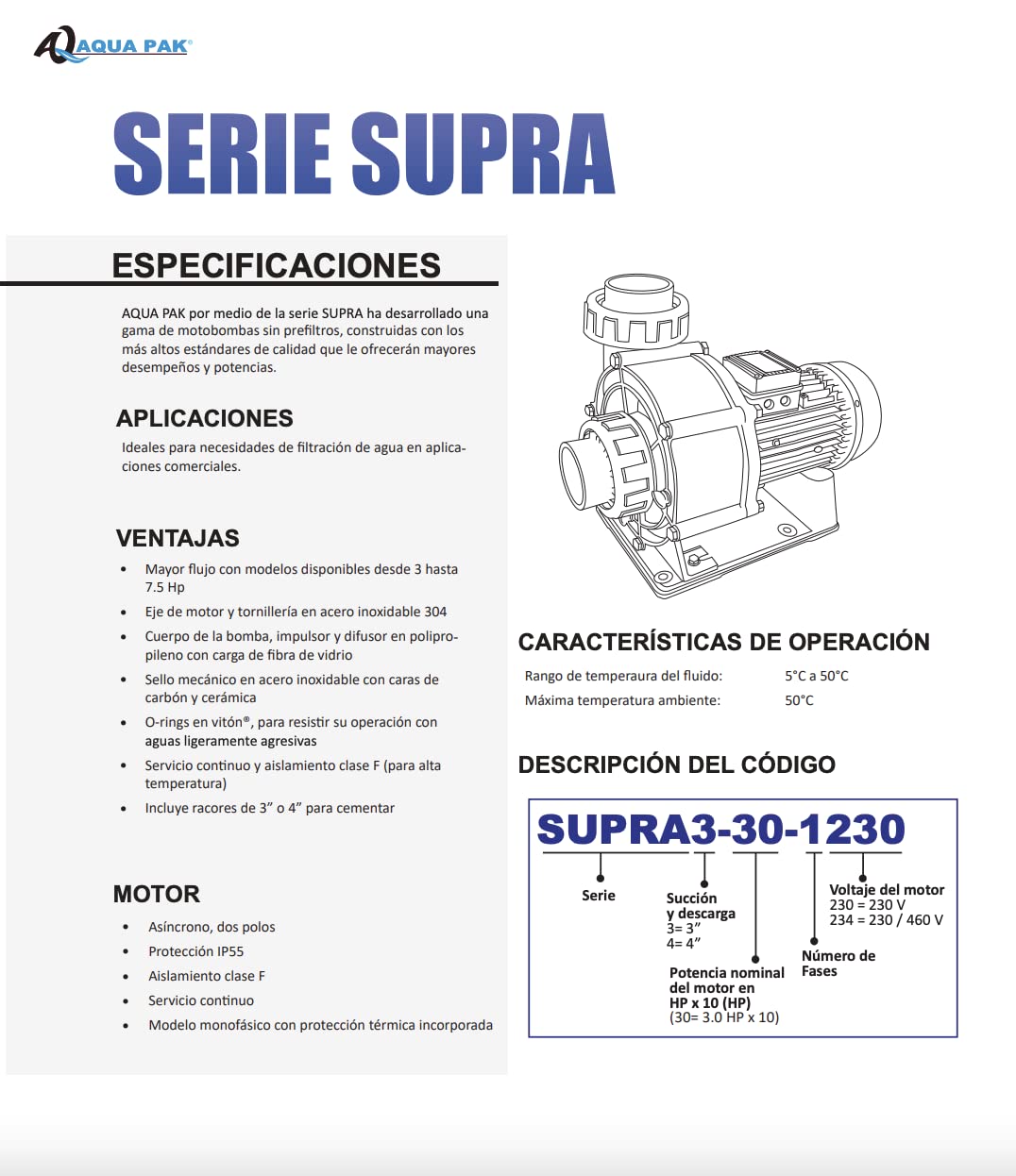 AQUAPAK SUPRA Series 4HP 3 Phase 230/460V SUPRA3-40-3234 Pool Pump For Swimming Pool