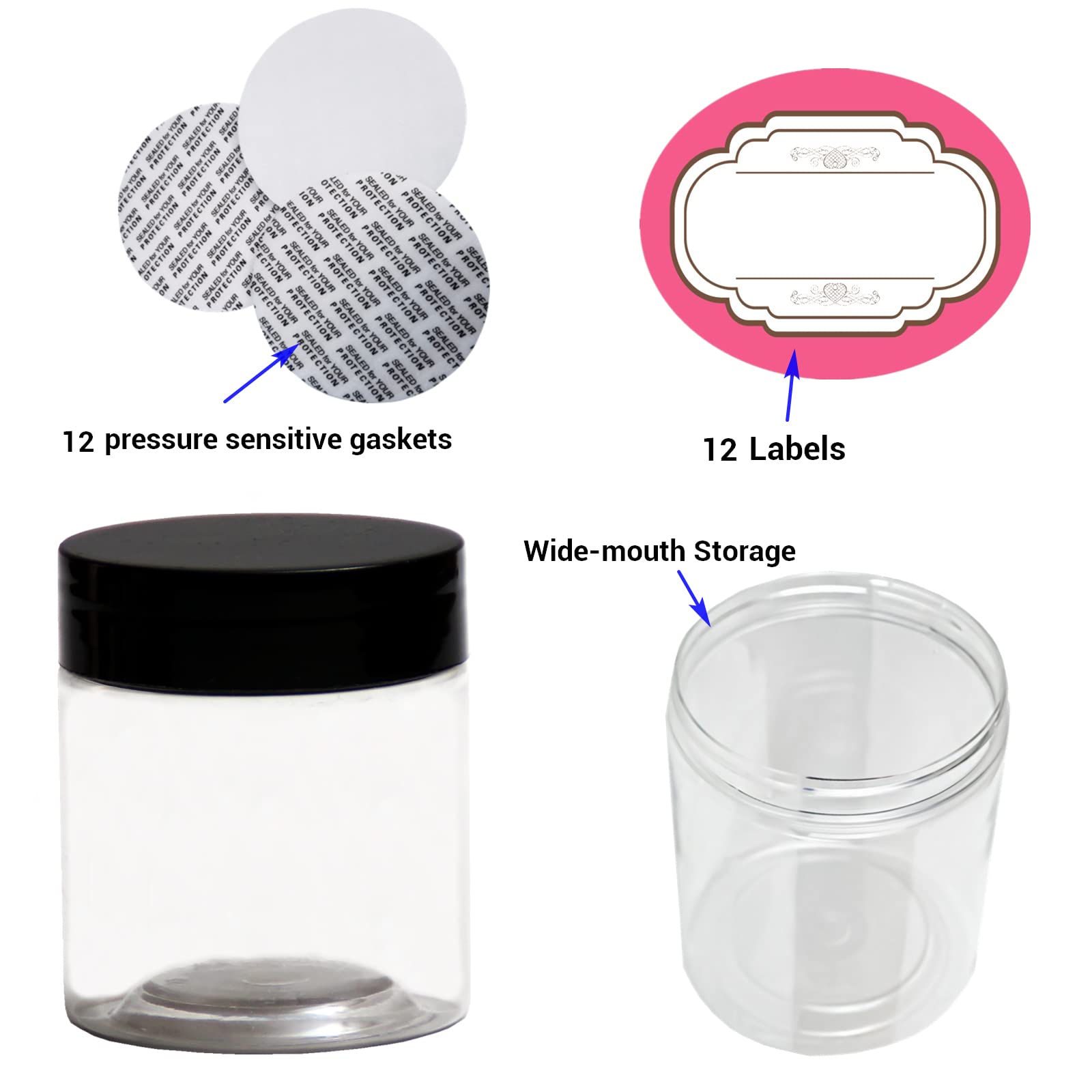 12 Pack 4 oz Plastic Jars,Wide-mouth Clear Storage Containers with Black Lids, Empty Round Clear Plastic Jars with Lids and labels for Body Butter, Bath Salt, Slime and Beauty Products